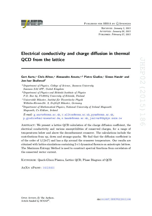 (PDF) Electrical conductivity and charge diffusion in thermal QCD from the lattice