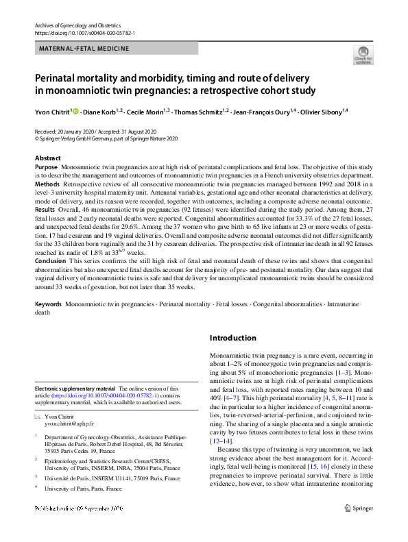 (PDF) Perinatal mortality and morbidity, timing and route of delivery ...