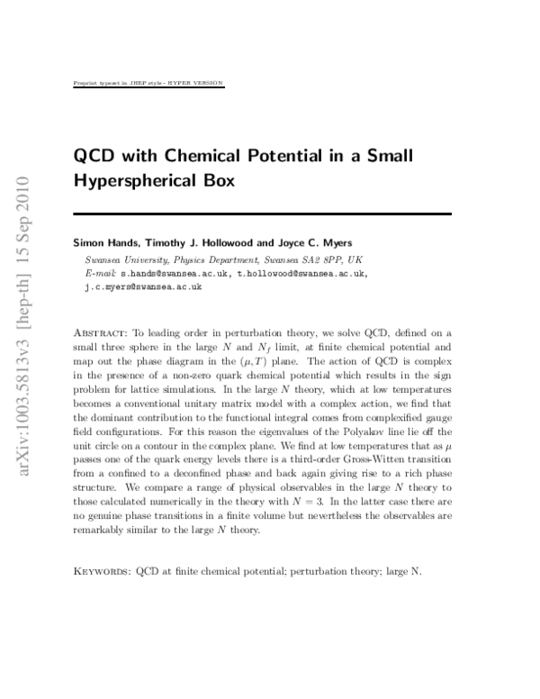 (PDF) QCD with chemical potential in a small hyperspherical box