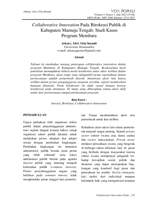 (PDF) Collaborative Innovation Pada Birokrasi Publik di Kabupaten Mamuju Tengah: Studi Kasus ...