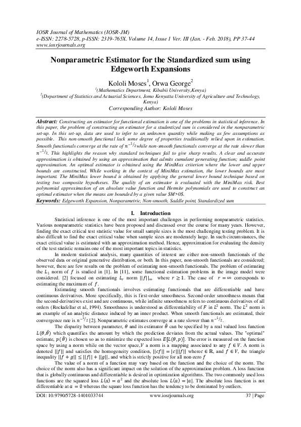 (PDF) Nonparametric estimatorfor the standardized sum using edgeworth expansions | George Orwa ...