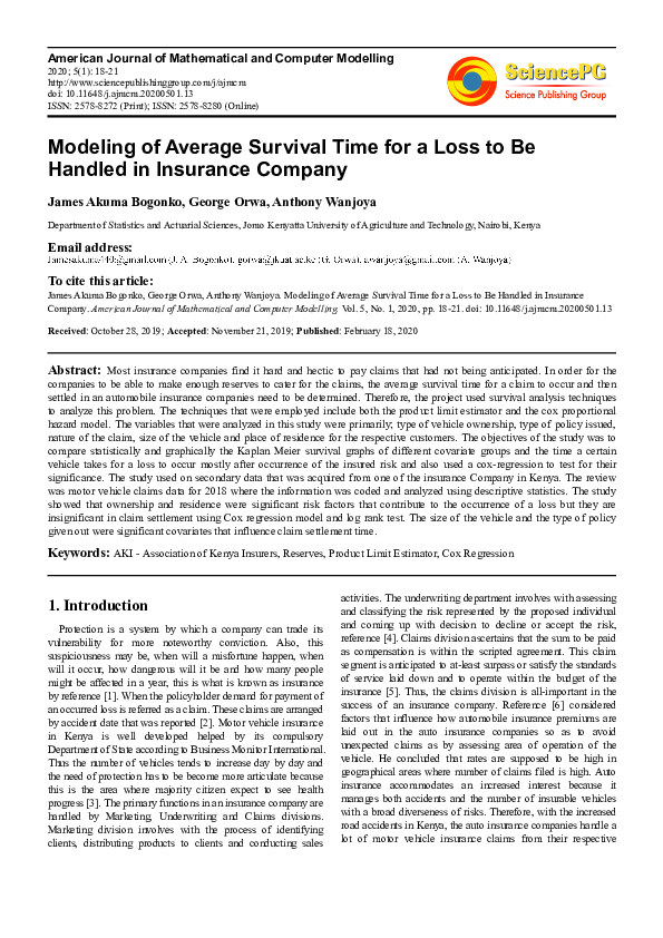 (PDF) Modeling of Average Survival Time for a Loss to Be Handled in ...