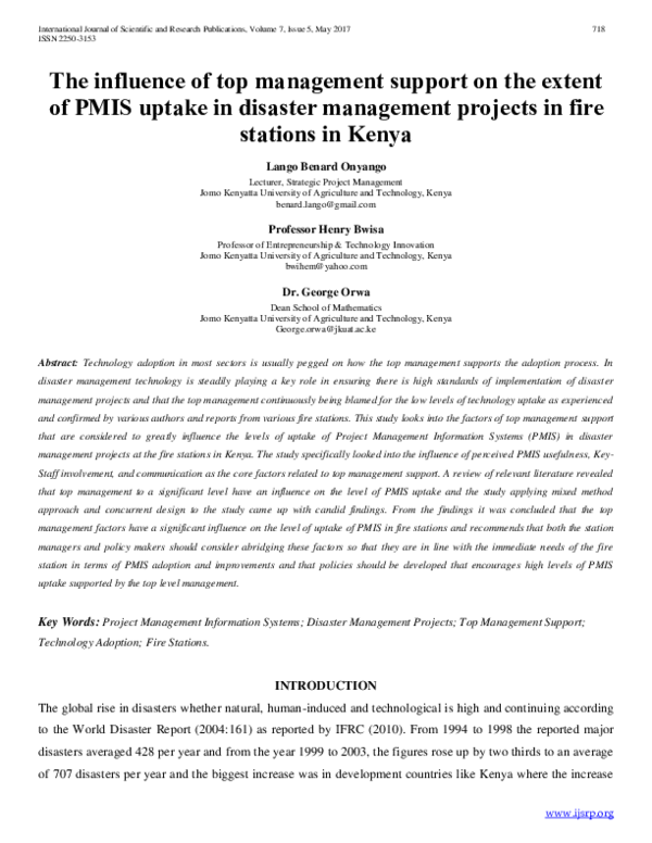 (PDF) The influence of top management support on the extent of PMIS uptake in disaster ...