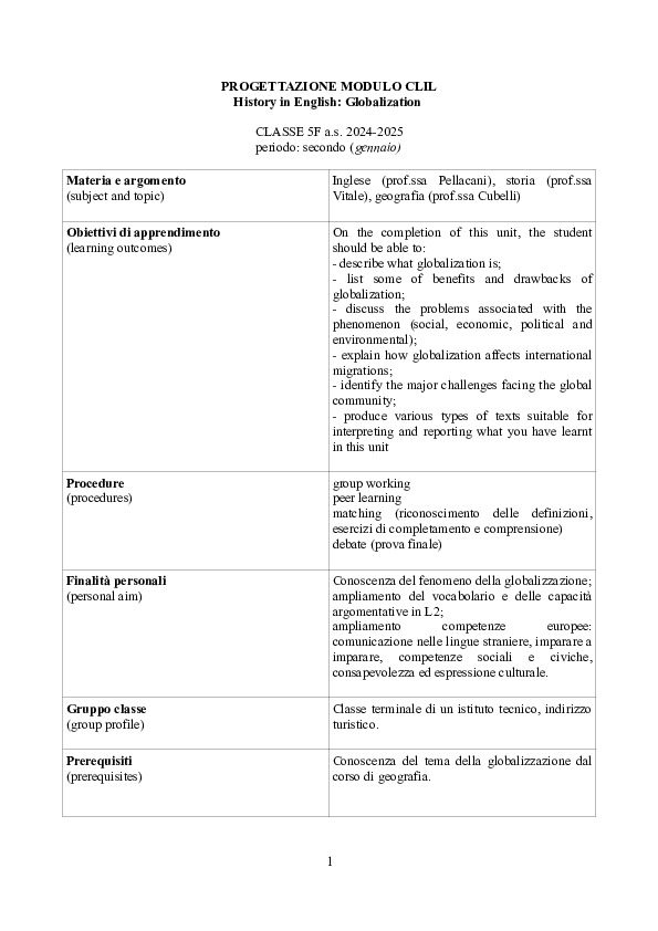 (PDF) PROGETTAZIONE MODULO CLIL (History in English: Globalization)