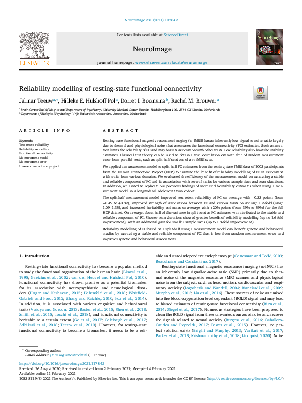 Pdf Reliability Modelling Of Resting State Functional Connectivity