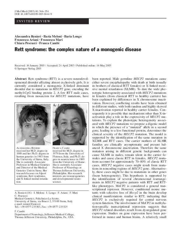 (PDF) Rett syndrome: the complex nature of a monogenic disease