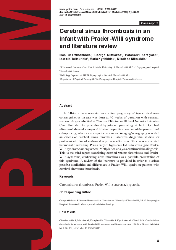 (PDF) Cerebral Venous Thrombosis in Prader-Willi Syndrome: Case Study