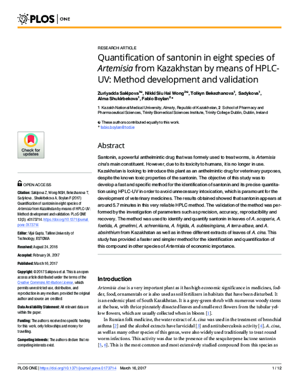 (PDF) Quantification of santonin in eight species of Artemisia from Kazakhstan by means of HPLC ...