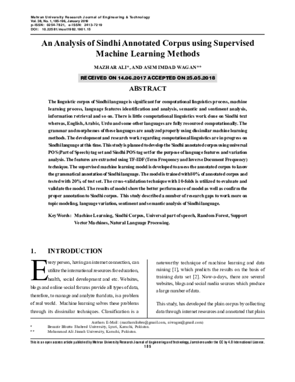 (PDF) Sindhi Annotated Corpus Analysis via ML