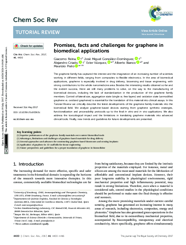 (PDF) Promises, facts and challenges for graphene in biomedical ...