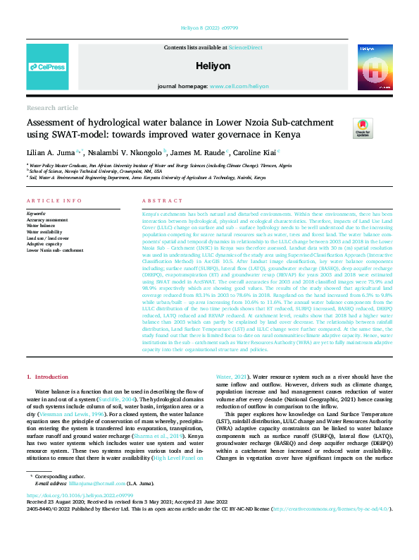(PDF) Assessment of hydrological water balance in Lower Nzoia Sub-catchment using SWAT-model ...