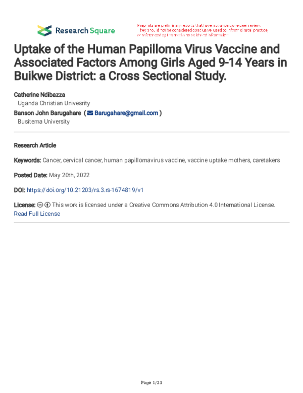 Pdf Uptake Of The Human Papilloma Virus Vaccine And Associated 0032
