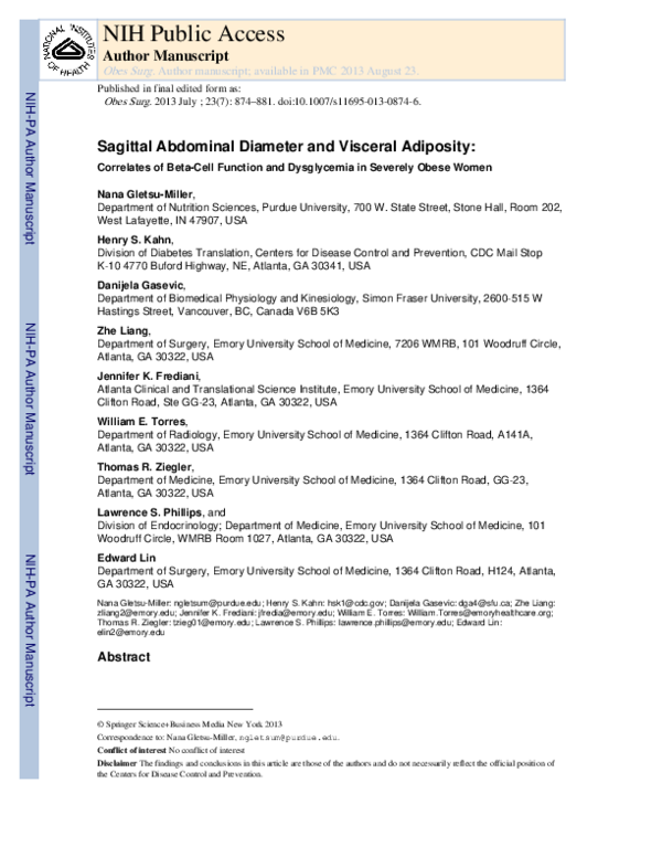 (PDF) Sagittal Abdominal Diameter and Visceral Adiposity | Edward Lin ...