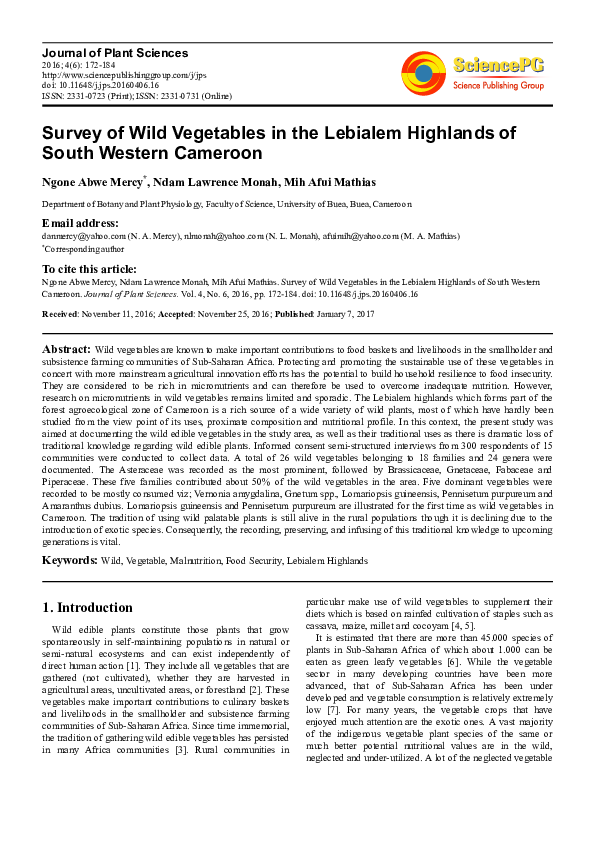 (PDF) Survey of Wild Vegetables in the Lebialem Highlands of South ...