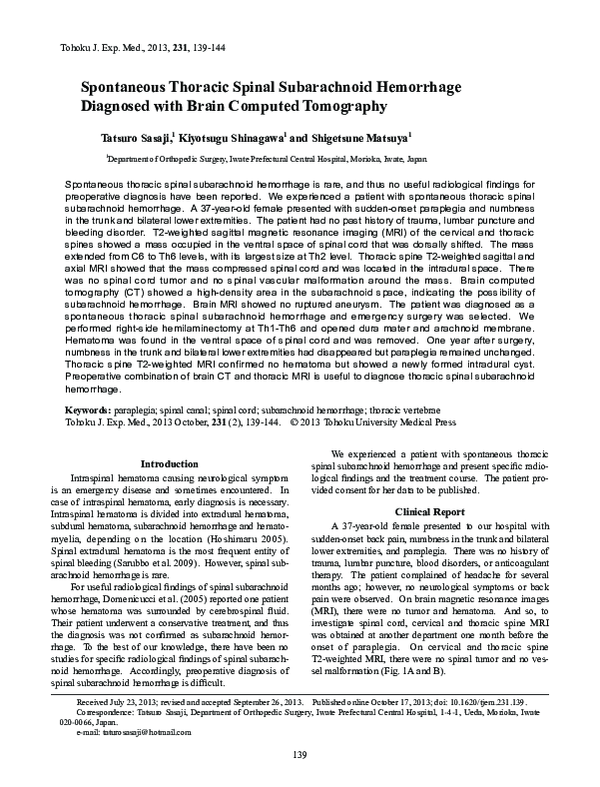(PDF) Spontaneous Thoracic Spinal Subarachnoid Hemorrhage Diagnosed ...