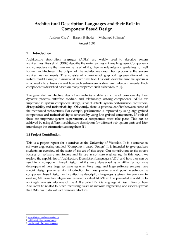 (PDF) Architectural Description Languages and their Role in Component Based Design