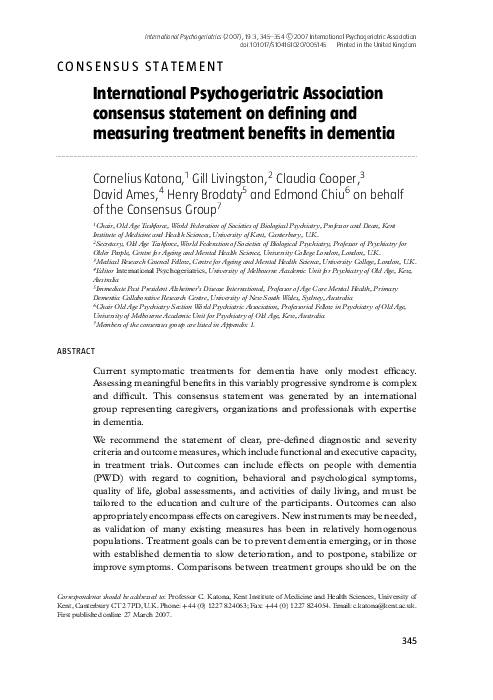 (PDF) International Psychogeriatric Association consensus statement on ...