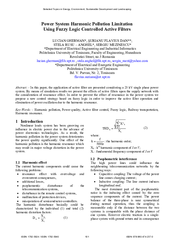 (PDF) Power System Harmonic Pollution Limitation Using Fuzzy Logic Controlled Active Filters