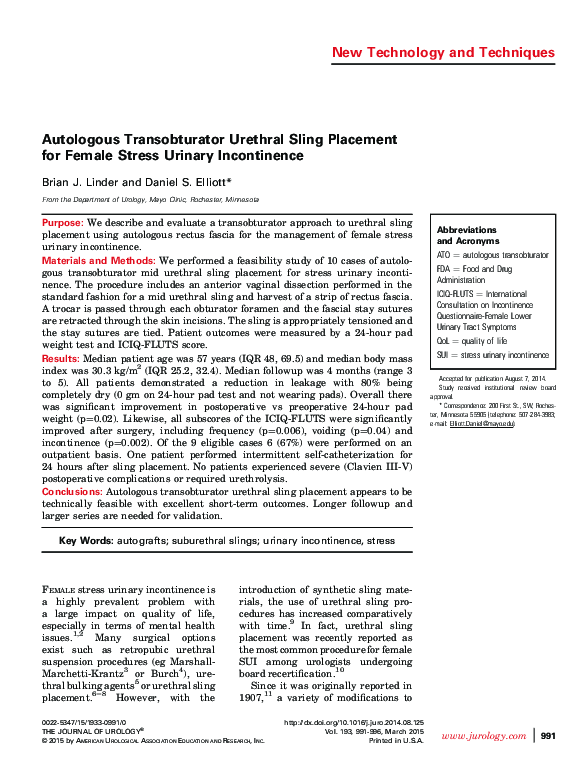 (PDF) Autologous Transobturator Urethral Sling Placement for Female ...