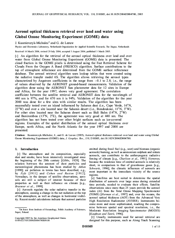 (PDF) Aerosol optical thickness retrieval over land and water using Global Ozone Monitoring ...