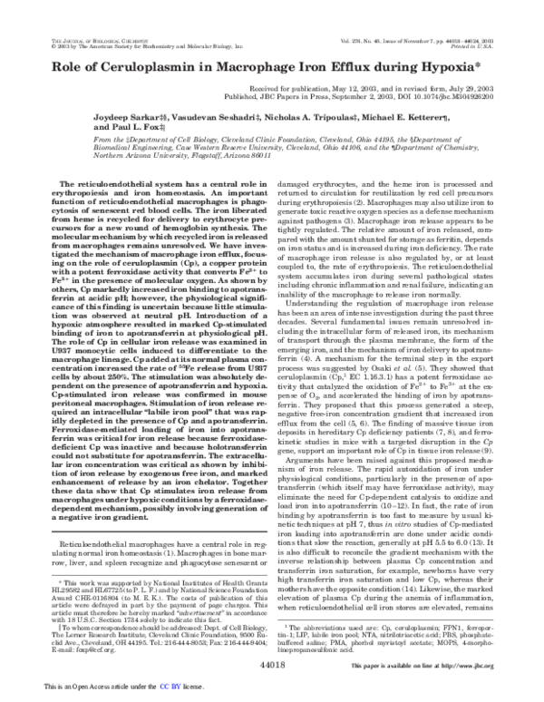 (PDF) Role of Ceruloplasmin in Macrophage Iron Efflux during Hypoxia ...