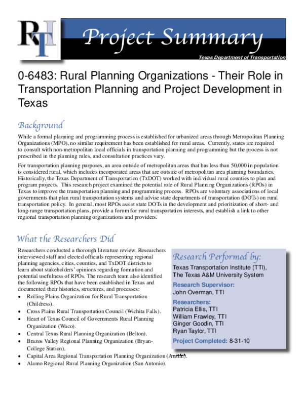(PDF) Rural Planning Organizations-Their Role in Transportation ...