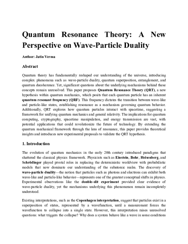 (PDF) Quantum Resonance Theory: A New Perspective on Wave-Particle Duality
