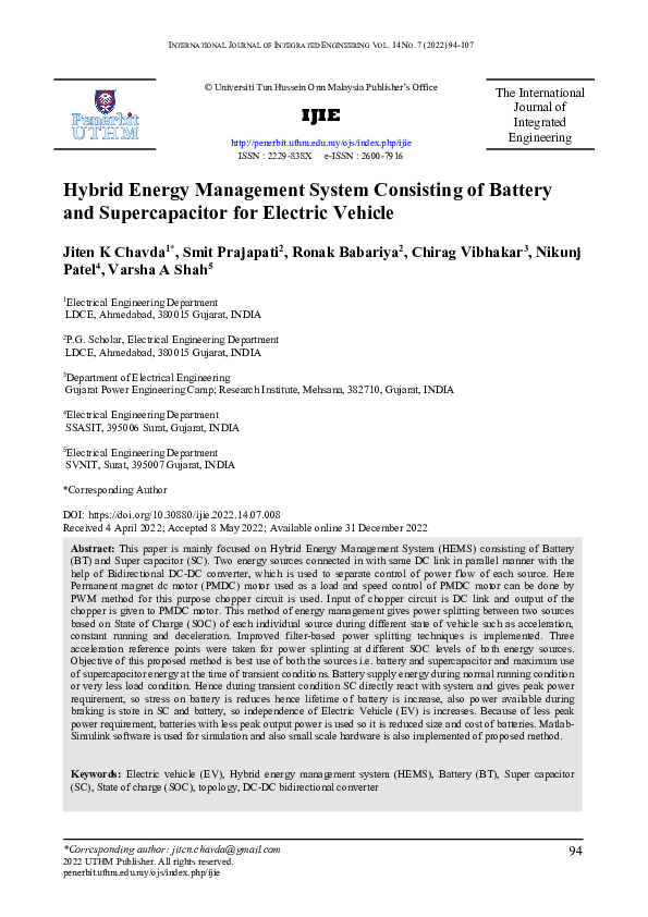 (PDF) Hybrid Energy Management System Consisting of Battery and Supercapacitor for Electric Vehicle