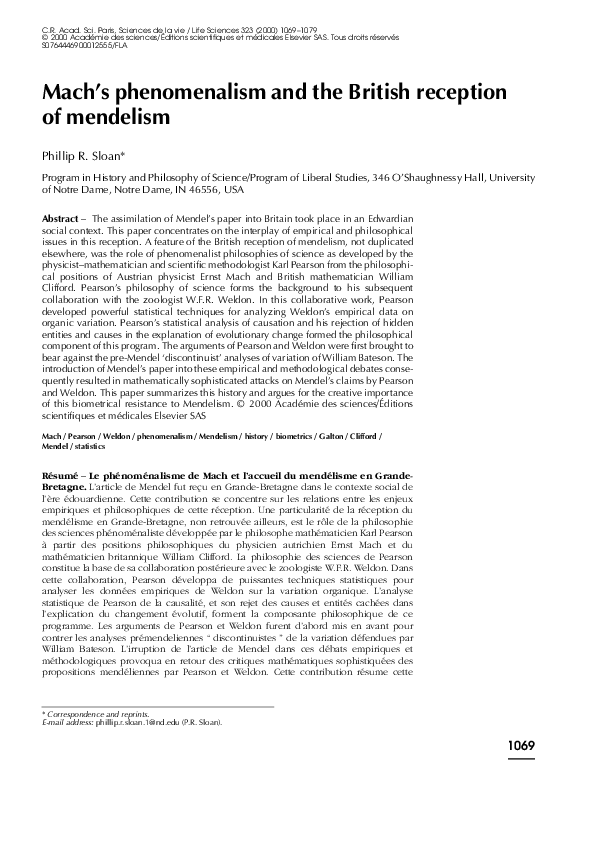 (PDF) Mach’s phenomenalism and the British reception of mendelism