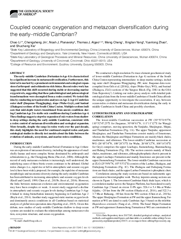 (PDF) Coupled oceanic oxygenation and metazoan diversification during ...
