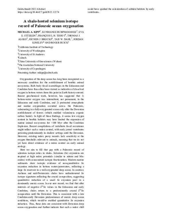 Pdf A Shale Hosted Selenium Isotope Record Of Paleozoic Ocean Oxygenation
