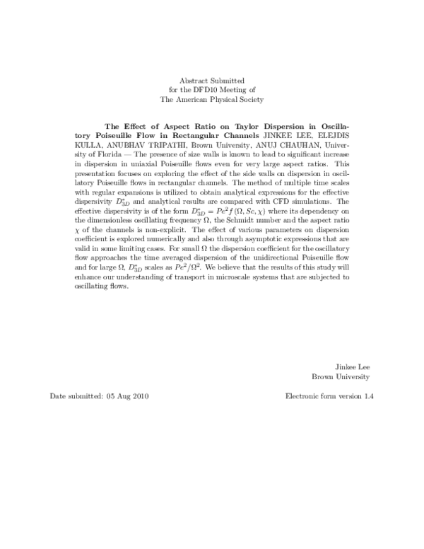 (PDF) The Effect of Aspect Ratio on Taylor Dispersion in Oscillatory ...