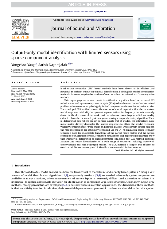 Pdf Output Only Modal Identification With Limited Sensors Using Sparse Component Analysis
