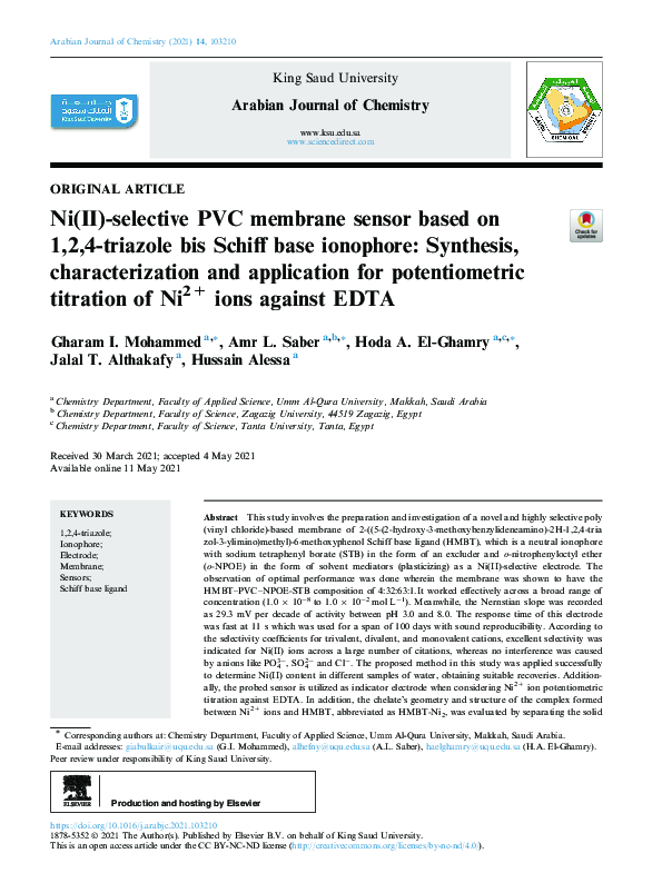 (PDF) Ni(II)-selective PVC membrane sensor based on 1,2,4-triazole bis ...