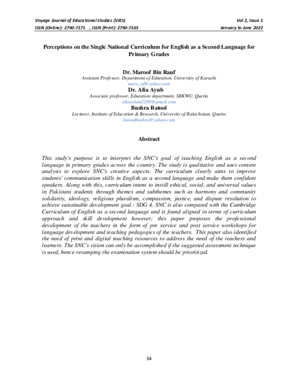 (PDF) Perceptions on the Single National Curriculum for English as a Second Language for Primary ...