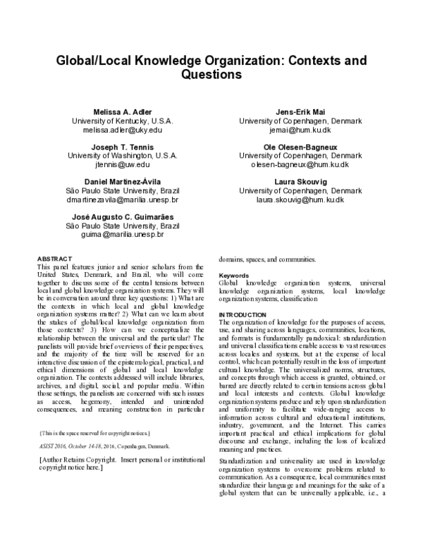 (PDF) Global/local knowledge organization: Contexts and questions