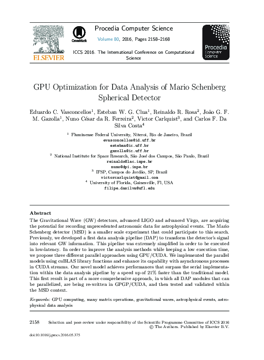 (PDF) GPU Optimization for Data Analysis of Mario Schenberg Spherical Detector