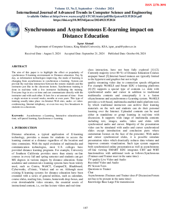 (PDF) Synchronous and Asynchronous E-learning impact on Distance Education