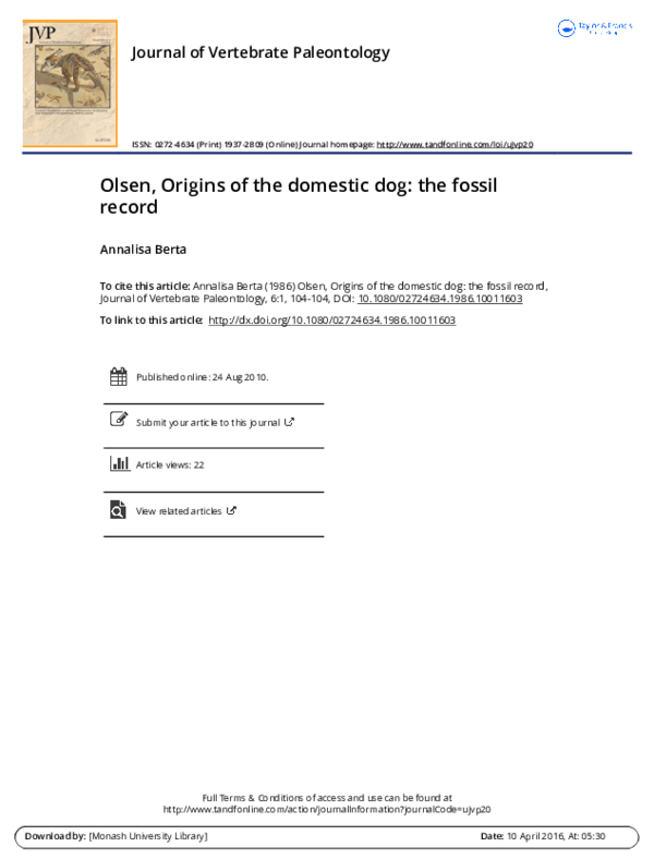 (PDF) Olsen, Origins of the domestic dog: the fossil record