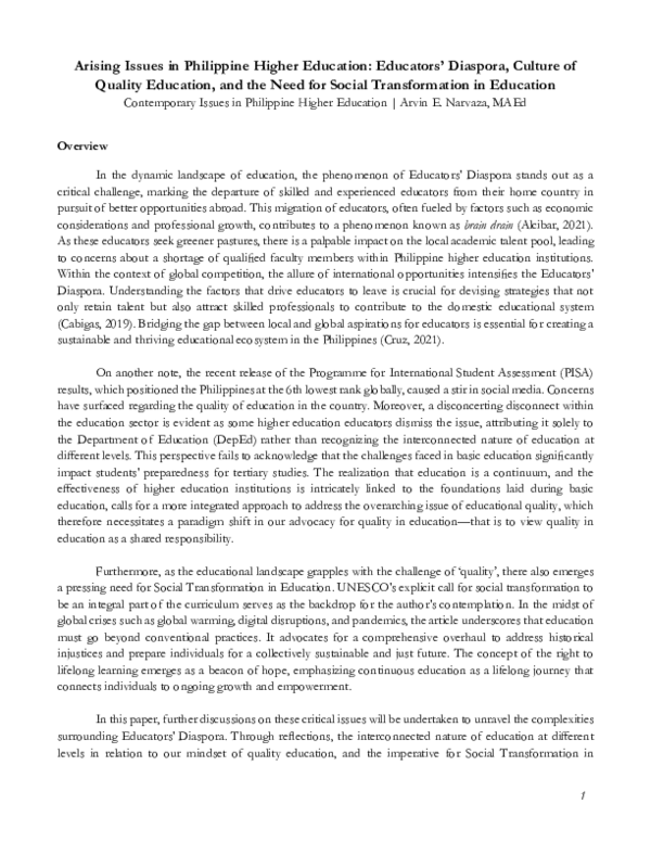 (PDF) Arising Issues in Philippine Higher Education: Educators ...