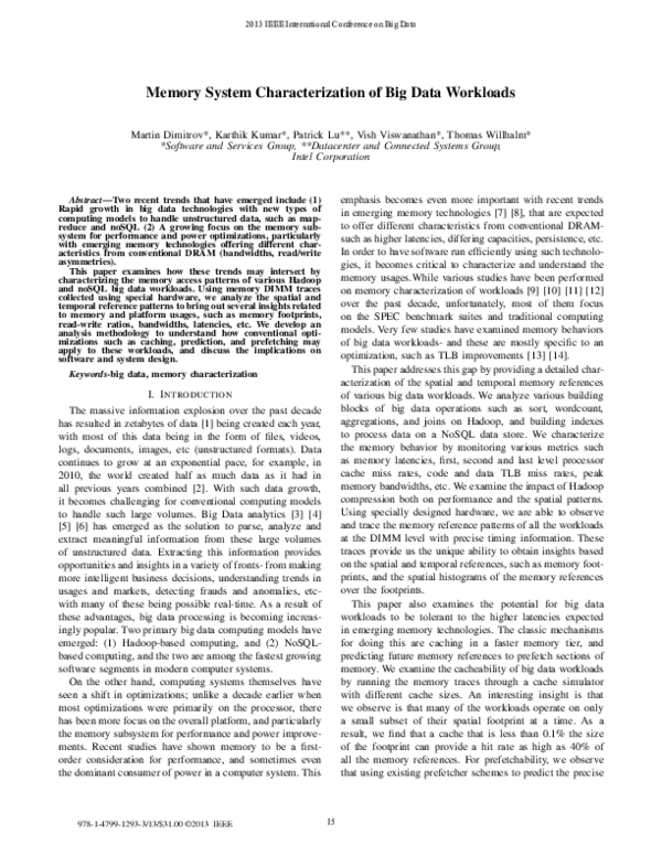 (PDF) Memory system characterization of big data workloads