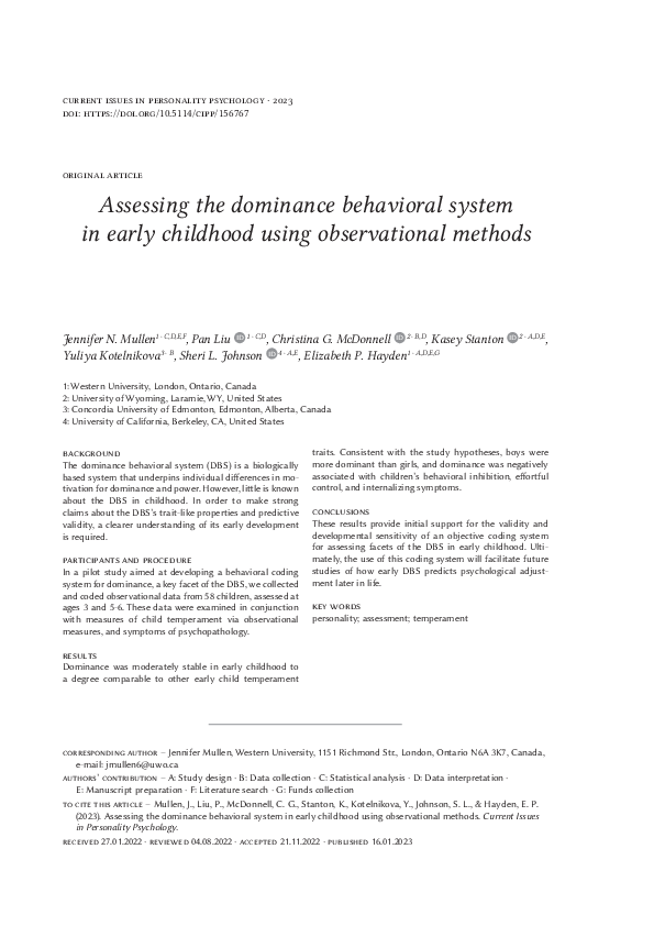 (PDF) Assessing the dominance behavioral system in early childhood using observational methods