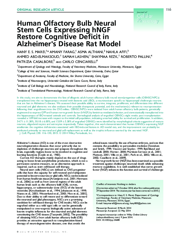 (PDF) Human Olfactory Bulb Neural Stem Cells expressing hNGF Restore Cognitive Deficit in ...