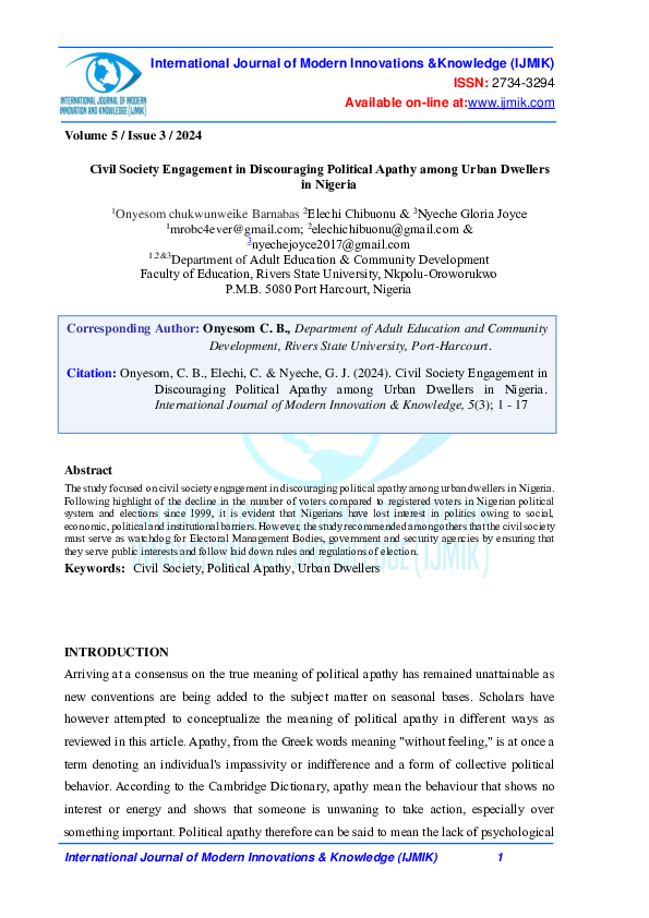 (PDF) Volume 5 / Issue 3 / 2024 Civil Society Engagement in Discouraging Political Apathy among ...