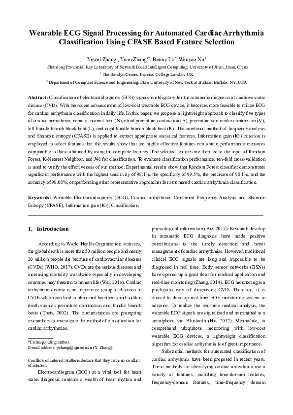 (PDF) Wearable ECG signal processing for automated cardiac arrhythmia classification using CFASE ...