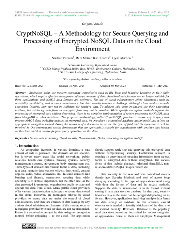Pdf Cryptnosql A Methodology For Secure Querying And Processing Of Encrypted Nosql Data On