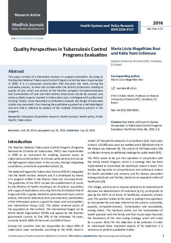 (PDF) Quality Perspectives in Tuberculosis Control Programs Evaluation