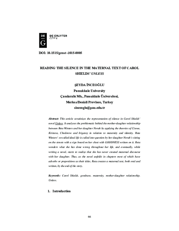 (PDF) Reading The Silence In The Maternal Text Of Carol Shields’ Unless