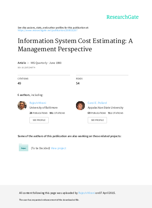 (PDF) Information System Cost Estimating: A Management Perspective
