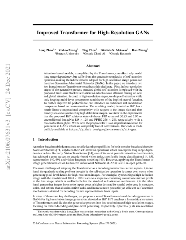 (PDF) Improved Transformer for High-Resolution GANs